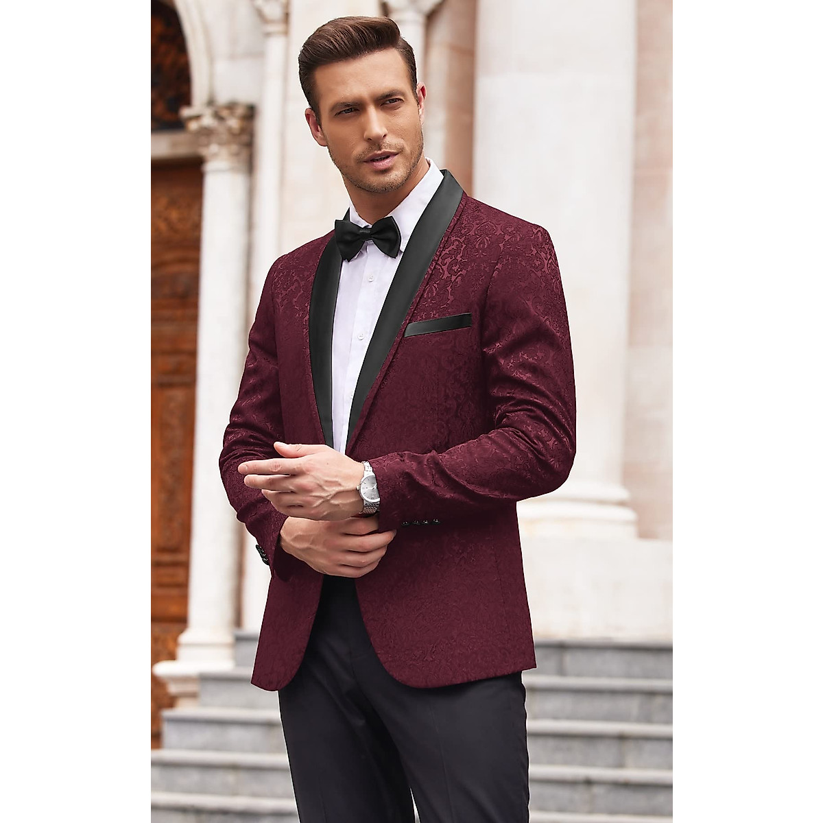 COOFANDY Men's Floral Tuxedo Suit Jacket Dinner Jacket Party Prom Wedding Blazer Jackets, Wine Red, XX-Large