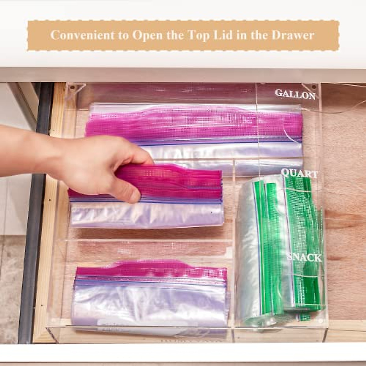 AAY HOMYYAYA Ziplock Bag Organizer for Kitchen Drawer Acrylic Baggie Organizer with Removable Top Lid for Cabinet to Storage Snack, Sandwich, Quart Slider, Gallon Ziploc Plastic Food Bags