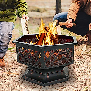 F2C Hex-Shaped Fire Pit for Garden 24 Inch Wood Burning Bonfire Firebowl Outdoor Portable Steel Firepit with Flame-Retardant Mesh Lid for Patio Backyard Garden Beach Camping Picnic