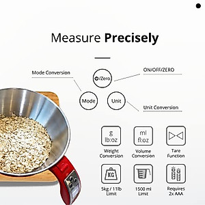 Fradel Digital Kitchen Food Scale with Bowl (Removable) and Measuring Cup - Stainless Steel, Backlight, 11lbs Capacity - Cooking, Baking, Gym, Diet - Precise Measuring (Black)