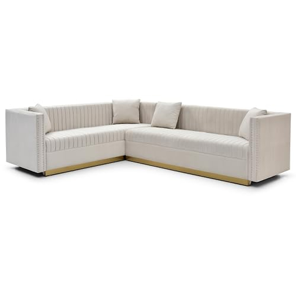 FANYE 2PCS Contemporary Sofa Sets Vertical Channel Velvet Tufted Sofa&Couch Include 3 Seaters CouchX2, L-Shaped Corner Sectional W/Gold Metal Strip Decor for Apartment Office Living Room Sets