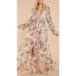 Women's Long Sleeve Floral Maxi Dress V Neck Casual Long Dresses Cocktail Beach Party Maxi Dress Pink