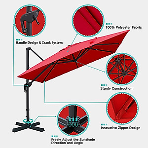 Sunnyglade 10x10Ft Cantilever Patio Umbrella Square Deluxe Offset Umbrella 360°Rotation & Integrated Tilting System Heavy Duty Patio Hanging Umbrella for Market Garden Deck Pool Backyard Patio (Red)