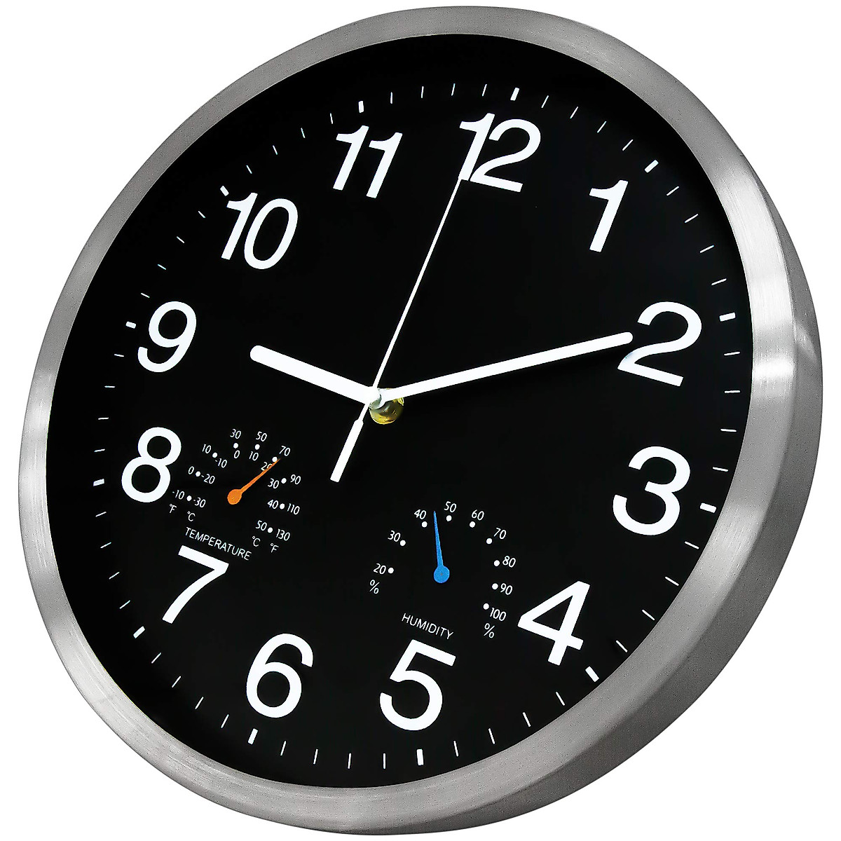 Reynoe 12 Inch Silver Aluminum Frame Wall Clock with Thermometer Hygrometer Battery Operated Silent Movement Decorative for Home