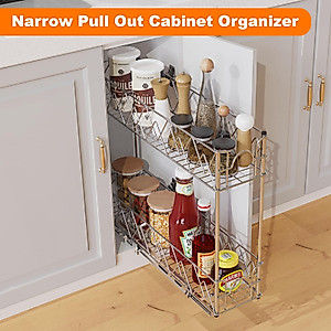 Glolaurge Pull Out Cabinet Organizer 5" W x 21" D, 2-Tier Narrow Kitchen Cabinet Drawer Slide Out Shelves, Chrome