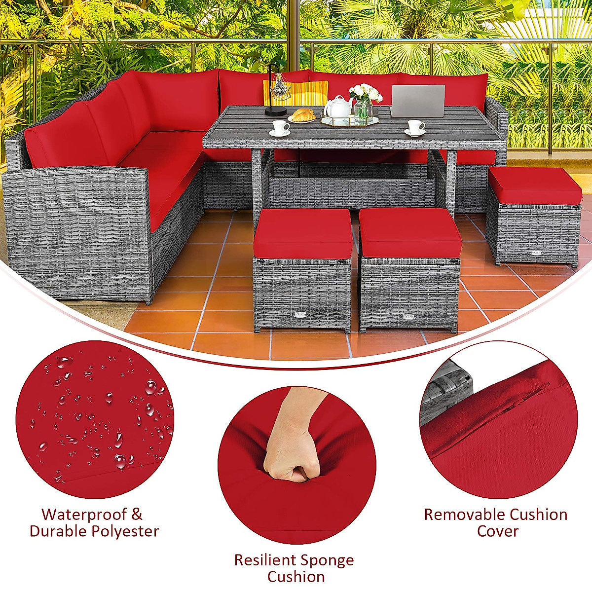 Tangkula 7 Pieces Patio Furniture Set, Outdoor Sectional Rattan Sofa Set with Cushions, All Weather Wicker Conversation Couch Set w/Dining Table & Ottomans for Backyard Garden Poolside