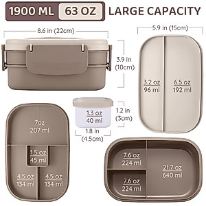 Bento Box Adult Lunch Box, Stackable Bento Lunch Container for Adults Kids, 3 Layer Portable Lunch Containers with Utensils, Sauce Jar, Muffin Liners, 63oz, Microwave & Dishwasher Safe, Brown