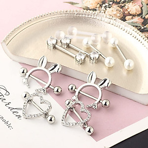 TIANCI FBYJS 5-7 Pairs Stainless Steel Nipple Rings Tongue Ring Piercing Body Jewelry Barbell CZ Heart Shape Rings for Women(set3)