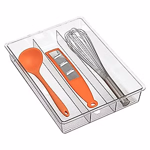mDesign Plastic 3-Section Compact In-Drawer Utensil Storage Organizer Tray for Kitchen, Pantry; Holder for Silverware, Cutlery, Flatware, Large & Small Utensils, Spoon, Fork - Ligne Collection, Clear