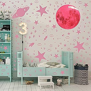Riakoob Moon and Star Castle Luminous Wall Stickers - Glow in The Dark Pink - Magical Decor for Bedrooms (Pink Moon)