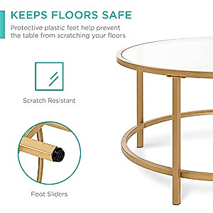 Best Choice Products 36in Modern Round Tempered Glass Accent Side Coffee Table for Living Room, Dining Room, Tea, Home Décor w/Satin Trim, Metal Frame, Non-Marring Foot Caps - Bronze Gold