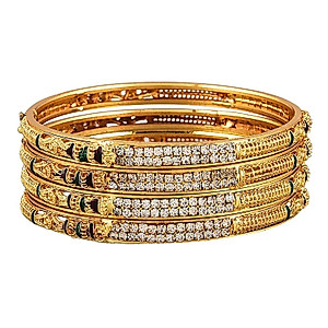 Jewar Mandi Bangles Gold Plated Silver Etching Handmade Work Bracelet Jewelry for Women & Girls (Two Tone Bangles, 2.8) (Stones with Meena Work-2, 2.8)