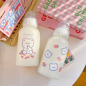JHTPSLR Strawberry Bear Glass Water Bottle with Nipple Sippy 11oz Kawaii Water Bottle for Adults Sports Office Cute Frosted Borosilicate Drinking Bottle Portable Water Jug (B)