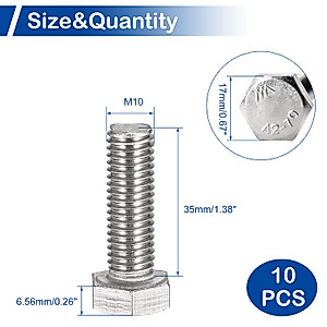 MroMax 10Pcs M10 x 35mm Hex Head Screws Bolts, 304 Stainless Steel 18-8, Fully Threaded, External Hex Drive, for Mounting Chair, Handles, Rail, Pump, Wheels, Antenna Parts, Boat and Plastic Bumpers