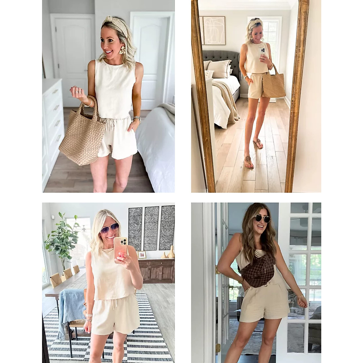 PUWEI Womens Summer Linen 2 Piece Sets Lounge Outfits Crop Tank Top High Waist Shorts Matching Sets Romper (2870-Apricot-XL)