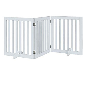 unipaws Freestanding Wooden Pet Gate for Dog and Cat, 24" H and 36" H Foldable Dog Gate with 2PCS Support Feet for Doorway, Halls, Stairs, White, Indoor Use