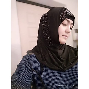 Suillty Women One Piece Muslim Hijab Lace Applique Long Turban Islamic Full Head Scarf Shawls with Rhinestone (Black)