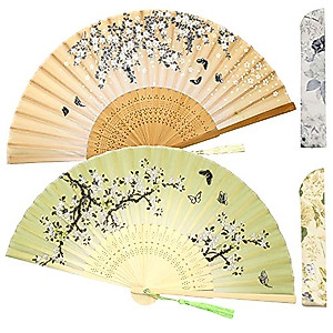 Zolee 2 Pieces Small Folding Hand Fans - Chinese Japanese Vintage Bamboo Silk Fans - for Dance, Performance, Decoration, Wedding, Party，Gift (0306)