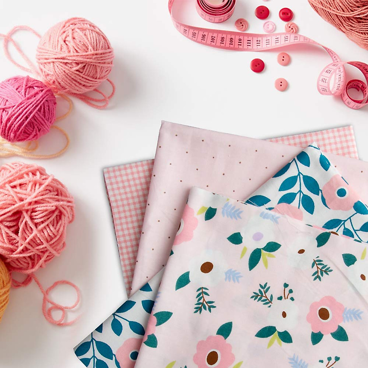 Lorvain 7PCS Pink Fat Quarters Fabric Bundles, Cotton Print Fabric with Green Leaf Red Fruit Gypsophila Strawberry White Flower for DIY Sewing Patterns Craft（19.6" x 15.7", Pink）