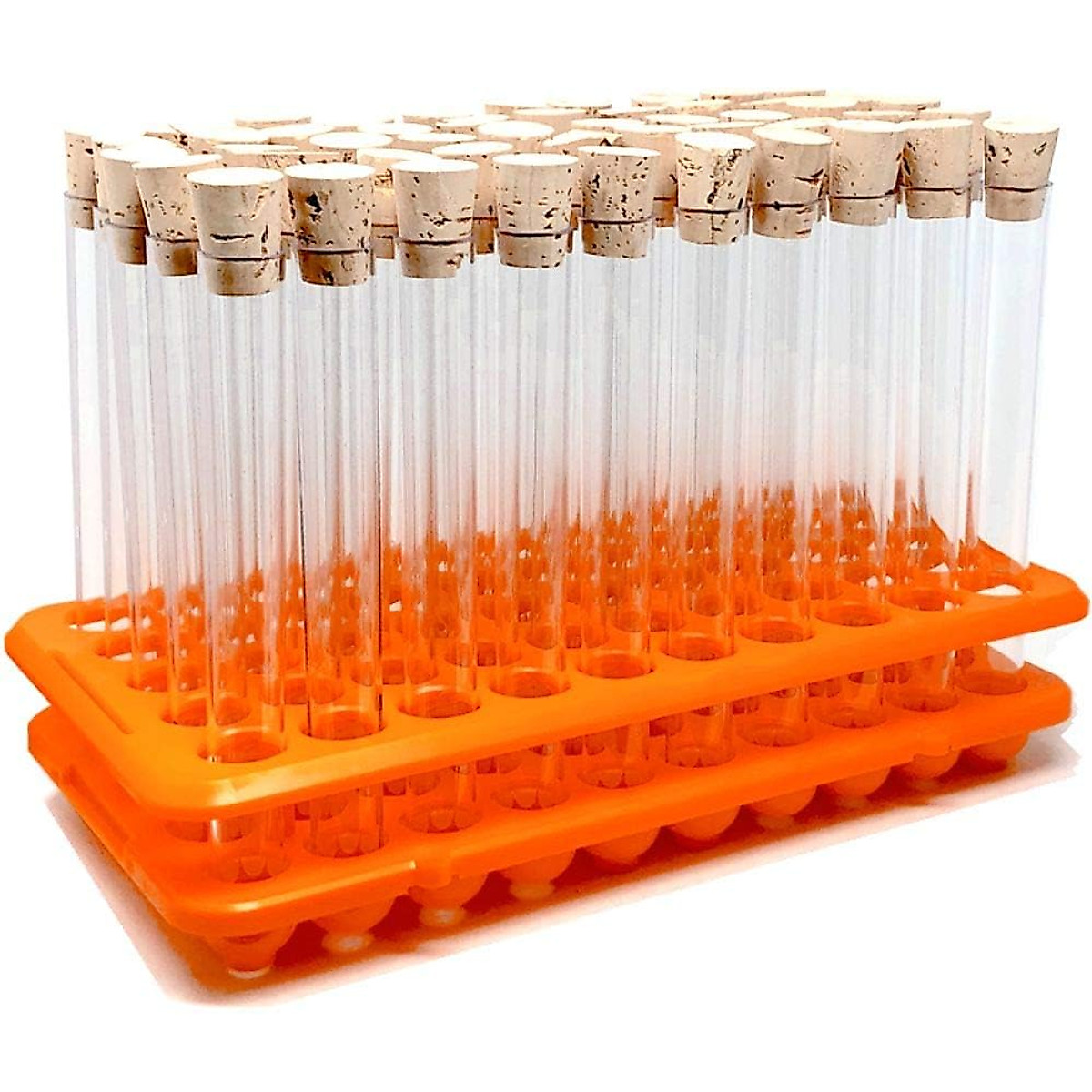 50 Tube - 16x150mm Plastic Test Tube Set with Cork Stoppers and Grip Rack