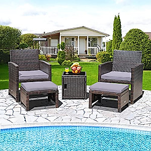 Tangkula 5 Pieces Wicker Patio Furniture Set, Patiojoy Conversation Chair and Ottoman Set with Single-Door Storage Coffee Table and Cushions, Outdoor Lounge Chair Chat Set, Space-Saving (Grey)