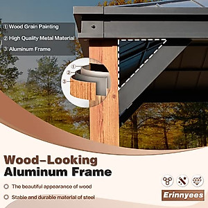 Erinnyees 12' x 20' Thickened Columns and Beams Hardtop Gazebo, Outdoor Wood Grain Frame Aluminum Gazebo, Galvanized Steel Double Roof with Netting and Curtains, for Garden, Patio, Lawns