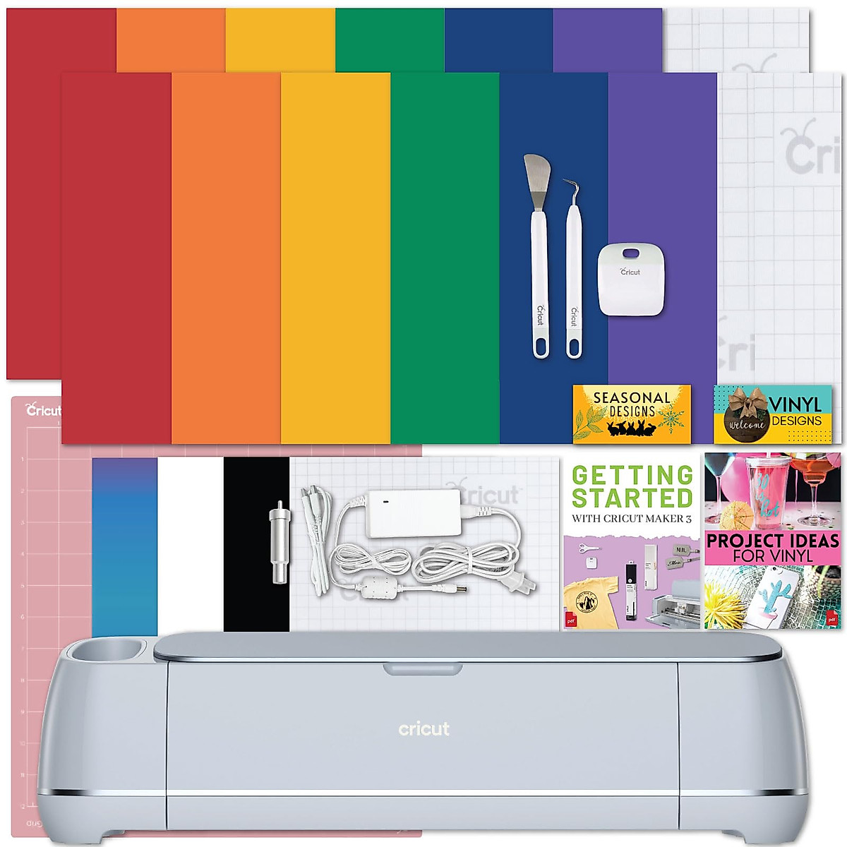 Cricut Maker 3 Machine Bundle Basic Tool Kit Transfer Tape Smart Permanent Rainbow Vinyl DIY Matless Cutting 10X Force 2X Faster Compatible with iOS Android Windows & Mac Bluetooth Connectivity