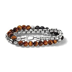Bulova Jewelry Men's Classic Double-Wrap Box Chain and Beaded Bracelet with Tuning Fork Closure
