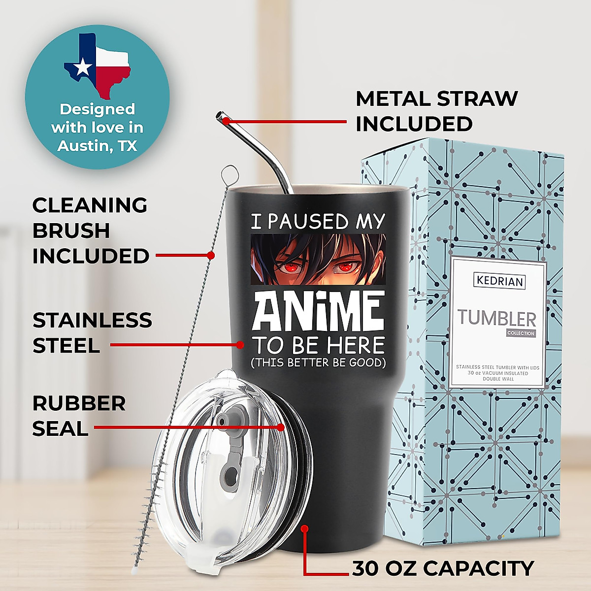 KEDRIAN Funny Anime Tumbler 30oz, I Paused My Anime To Be Here Cup, Fun Gifts for Him or Her, Thoughtful Presents for Anime Lovers and Fans, Ideal Present Picks for Birthday, Christmas, Gift Ready