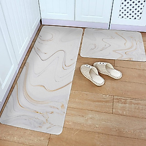 Marble Kitchen Mats and Rugs Set of 2, White Washable Absorbent Grey Gold Kitchen Runner Rug Carpet Anti-Fatigue Comfort Mat for Kitchen Bathroom Laundry