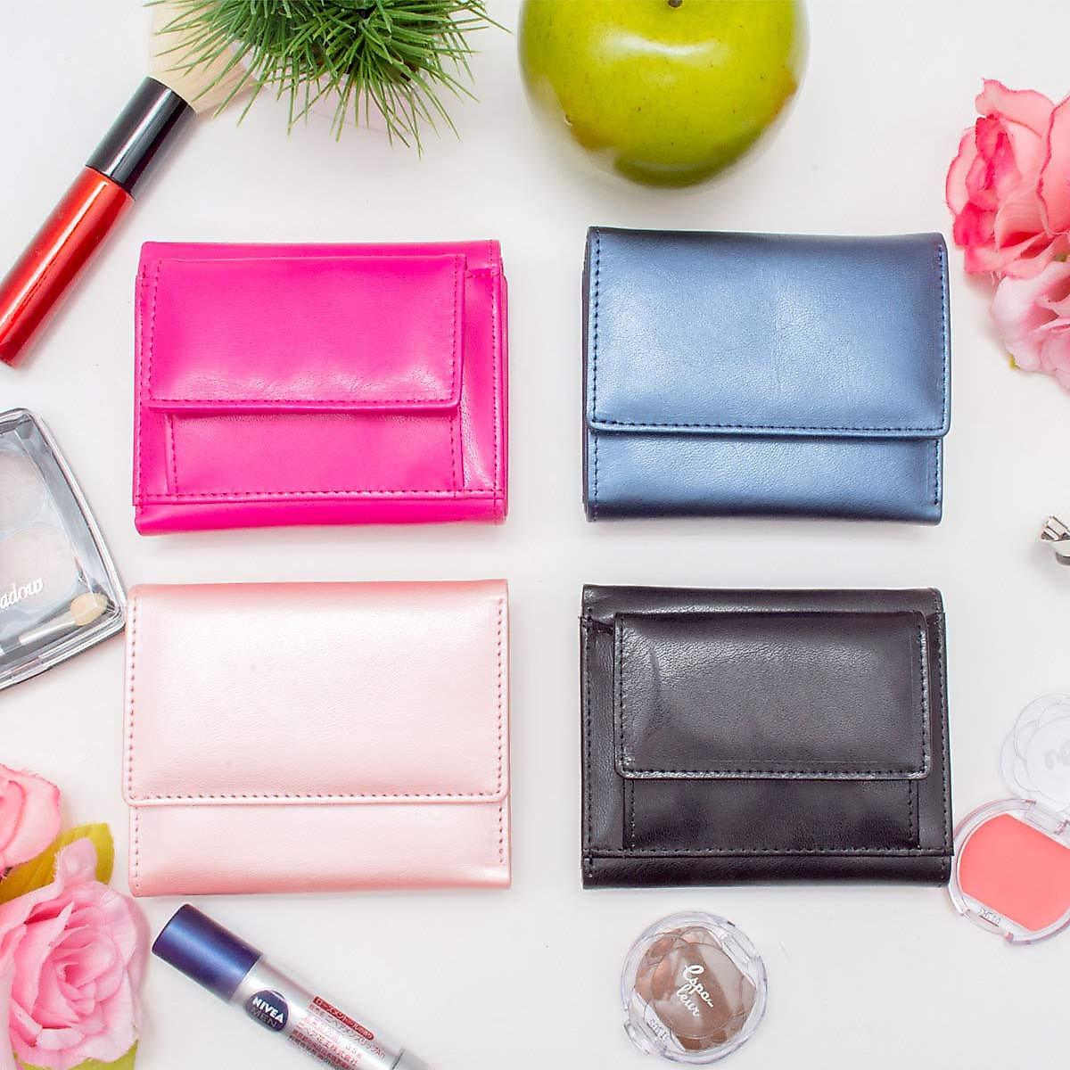 Charis HIGH FIVE Vegan Leather Trifold Mini Wallet for Women High Capacity Card Coin Purse - Pink