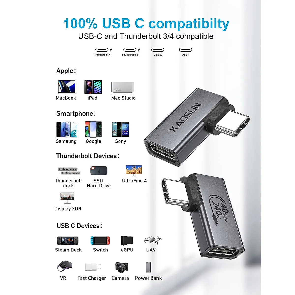 XAOSUN Right Anlge USB C Adapter, 90 Degree USB C to C Adapter 240W 40Gbps, USB C Male to USB C Female Thunderbolt 4 Adapter for MacBook,Tablet,Docks,rog Ally,steam Deck (2 Pack)