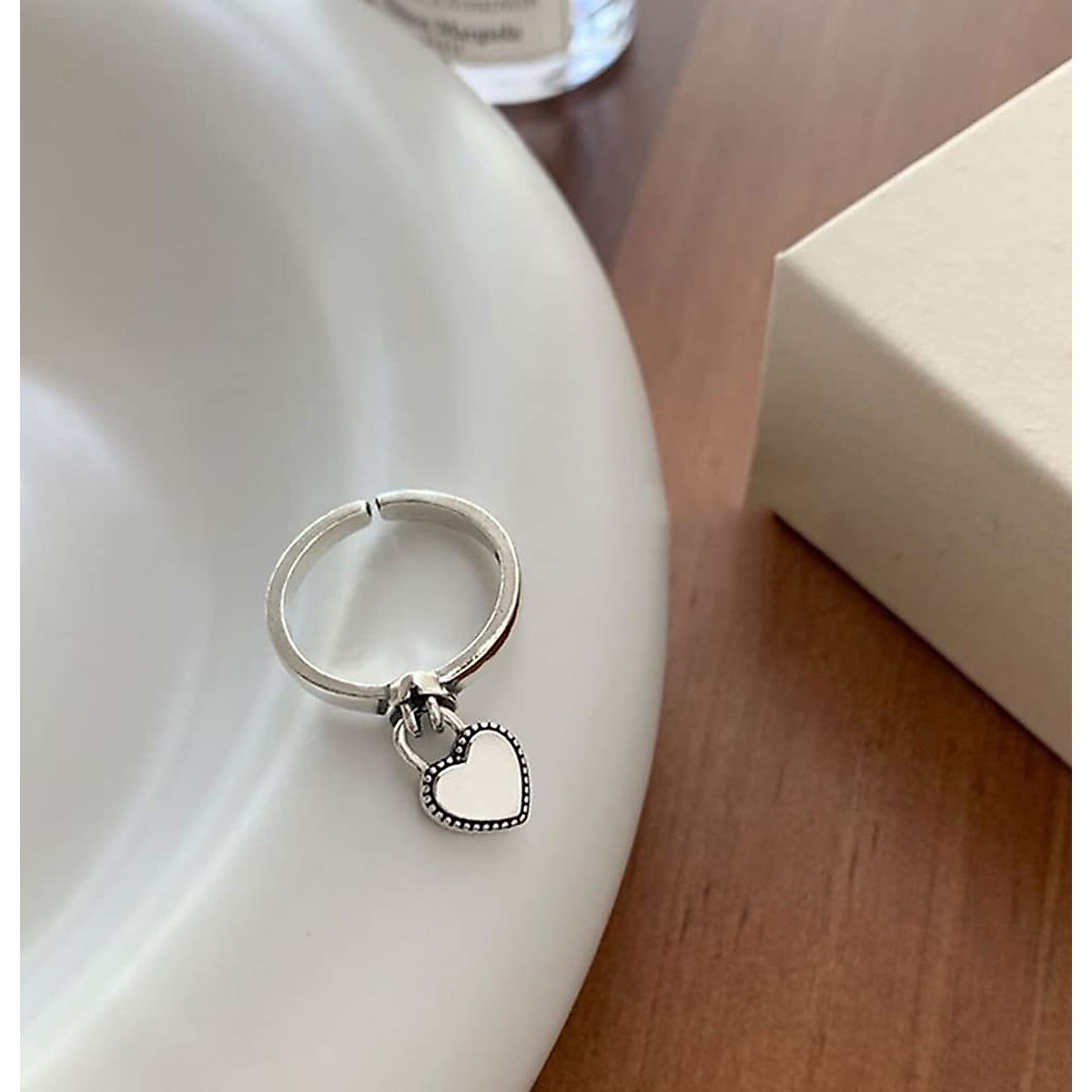 Vintage Dangle Heart Sterling Silver 925 Open Statement Rings for Women Girls Adjustable Love Heart Engagement Promise Rings Wedding Finger Band Fashion Jewelry Gifts BFF