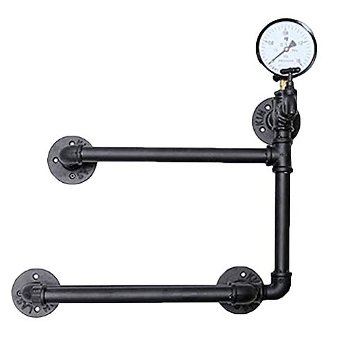 Stylish Simplicity Shelf Wall Mounted Floating Rack Wooden Industrial Style Shelf Solid Wood Iron Art Retro Display Stand with Pressure Gauge Wine Racks Restaurant Wineglass, PIBM, Black, 59x18x5