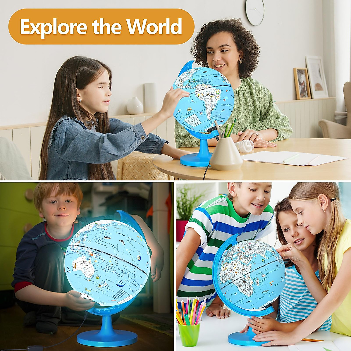 JOWHOL 8'' Illuminated Globe for Children with 100s Interesting Animal Illustrations - Built-in LED Night Light, World Globe for Kids Learning and Educational Toys Gifts for Boys & Girls, Ages 4+