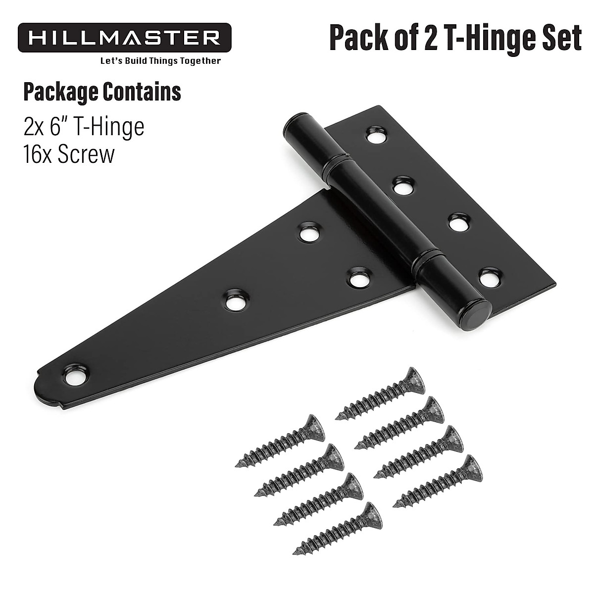 HILLMASTER 6 Inch T-Strap Heavy Duty Shed Door Hinges Gate Strap Hinges Black Tee Hinge Wrought Hardware for Wooden Fences,Yard,Barn Door,Rustproof(2 Pack)