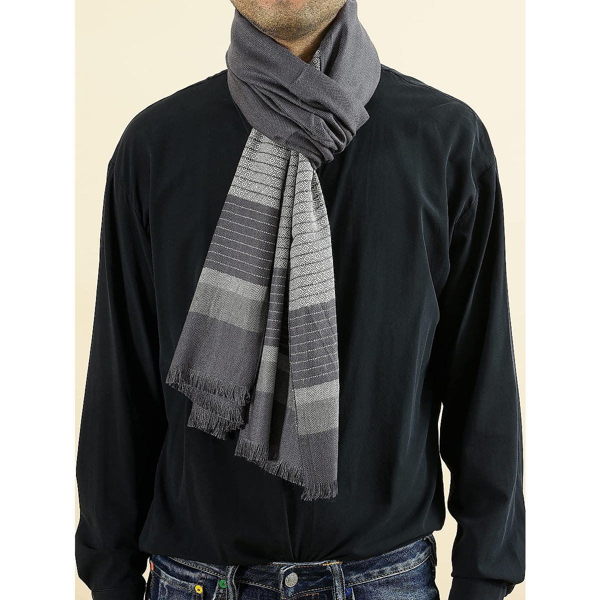 Runtlly Men's Winter Cashmere Scarf Stripes Warm Soft Scarves with Tassel Luxurious Winter Scarf For Men Women(Gary)