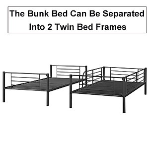 JULYFOX Steel Bunk Bed Twin Over Twin, Modern Metal Bed Frame 550 lb Heavy Duty with Stairs Side Guard Rails 10.8 inch Storage Space No Box Spring Needed 2 Twin Bed Platform for Kids Teens Black