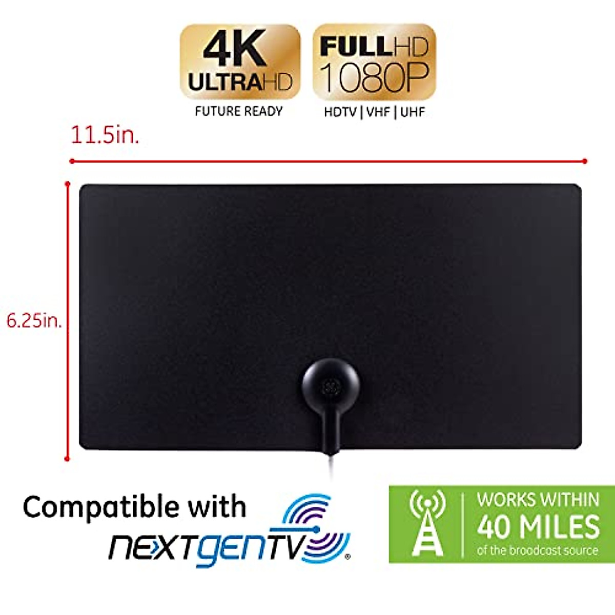 GE Ultra Edge Indoor HD Digital TV Antenna, Long Range Smart TV Antenna, Slim Décor Reversible Black White Design, Supports 4K HD Smart TV VHF UHF, 6ft Coax HDTV Cable, 11264