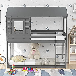 Tidyard Twin Over Twin Bunk Bed Wood Loft Bed with Roof, Window, Guardrail and Ladder Gray for Bedroom Dorm Guest Room Home Furniture