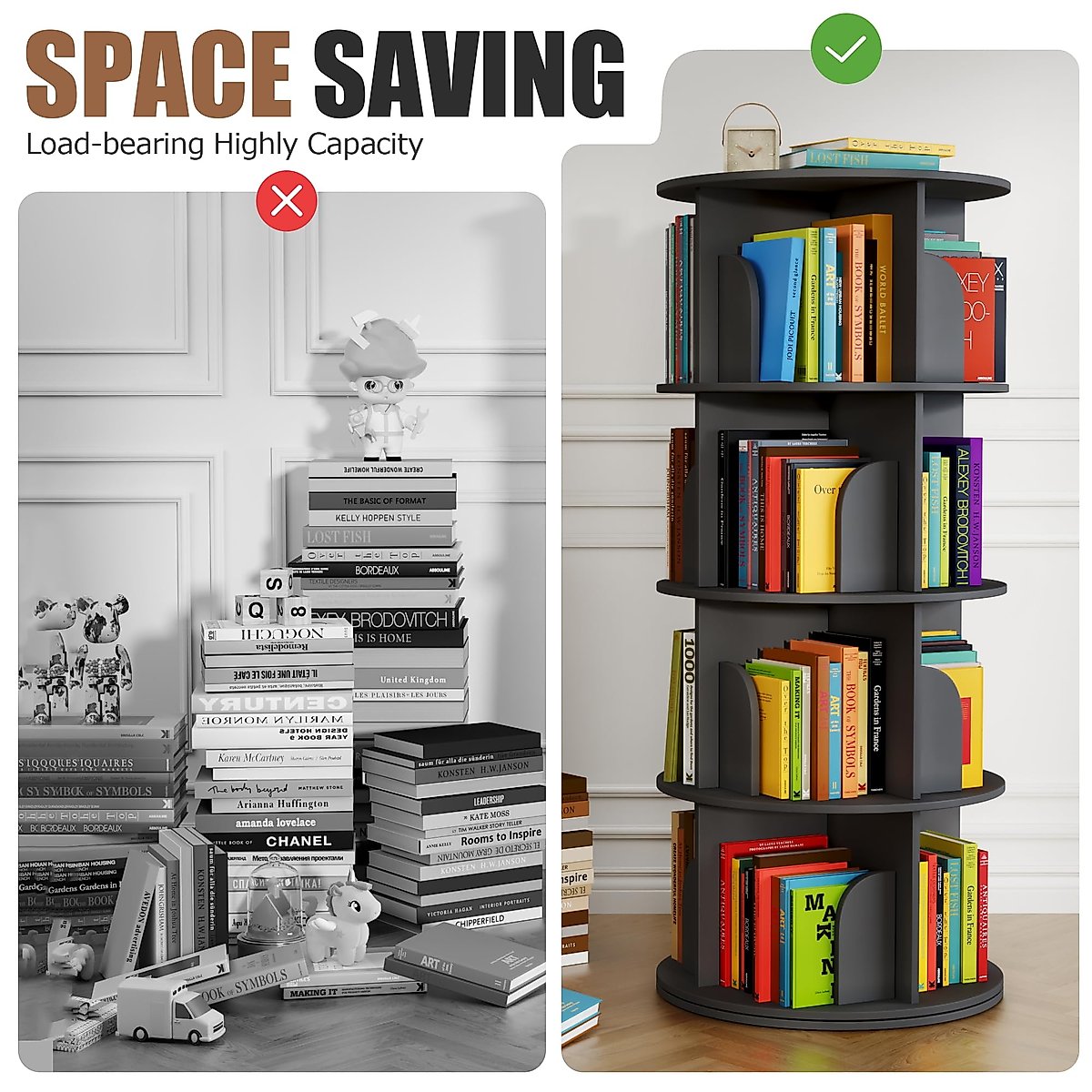 DAOTENGQL 4 Tier Rotating Bookshelf, 360 Spinning Corner Bookcase Tower, Floor Standing Book Shelf Organizer for Bedroom and Living Room, Round Bookshelf for Small Space, Easy to Assemble (Black)