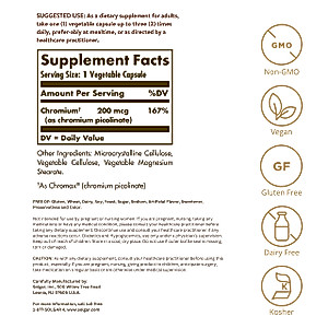 Solgar Chromium Picolinate 200 mcg, 180 Vegetable Capsules - Supports Healthy Blood Sugar Metabolism - Non-GMO, Vegan, Gluten Free, Dairy Free, Kosher - 180 Servings