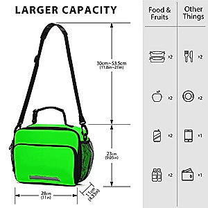 xigua Reusable Lunch Bag Insulated Lunch Box Cooler Tote Removable Shoulder Strap Meal Picnic Bags for Outdoor School Travel Office Work, Plain Neon Green Solid Color