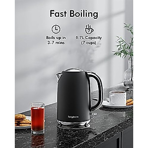 Longdeem Fast-Boil Electric Tea Kettle, 1.7L Stainless-Steel Water Heater, 1500W, Cordless Matte Black Design with LED, Auto-Shutoff & Anti-Dry Protection