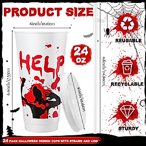 Dandat 24 Pcs Halloween Plastic Cups 24Oz Halloween Bloody Handprint Cups Halloween Reusable Cups with Lids and Straws Halloween Party Favors Supplies Halloween Cups for Adults Party Decoration