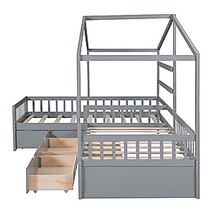 Merax House Bed for 2 Kids Twin Size, Wood L-Shaped Double Platform Bed with 3 Storage Drawers, for Boys Girls Teens, Grey