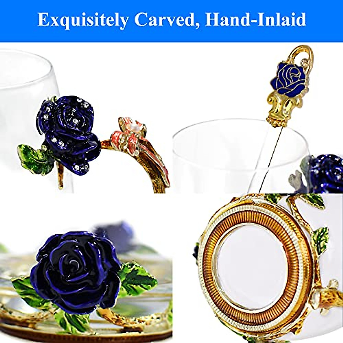 ZTBBW Tea Cup, Glass Coffee Mug with Spoon, Handicraft Crystal Glass 3D Flower Tea Cup, Women Ideal Christmas Gift for Birthday, Wedding, Mother's Day (Blue)