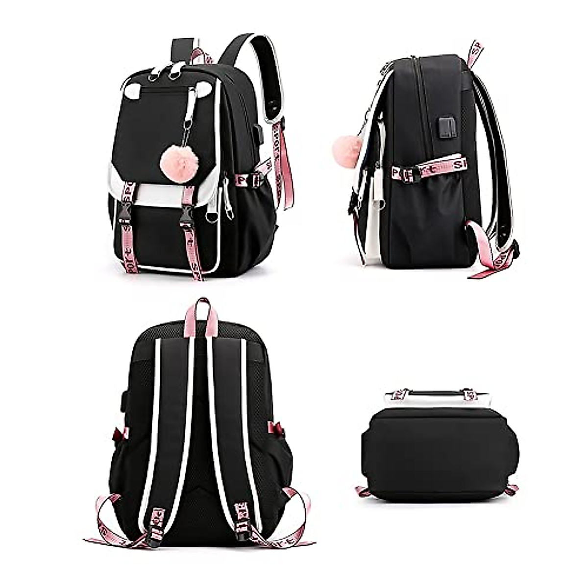Kawaii Contrast Backpacks for Teen Girls Aesthetic Cute Backpack for Girls College with Usb Port, Cute Backpack with Charging Port (Black 30cm*21cm*44cm)