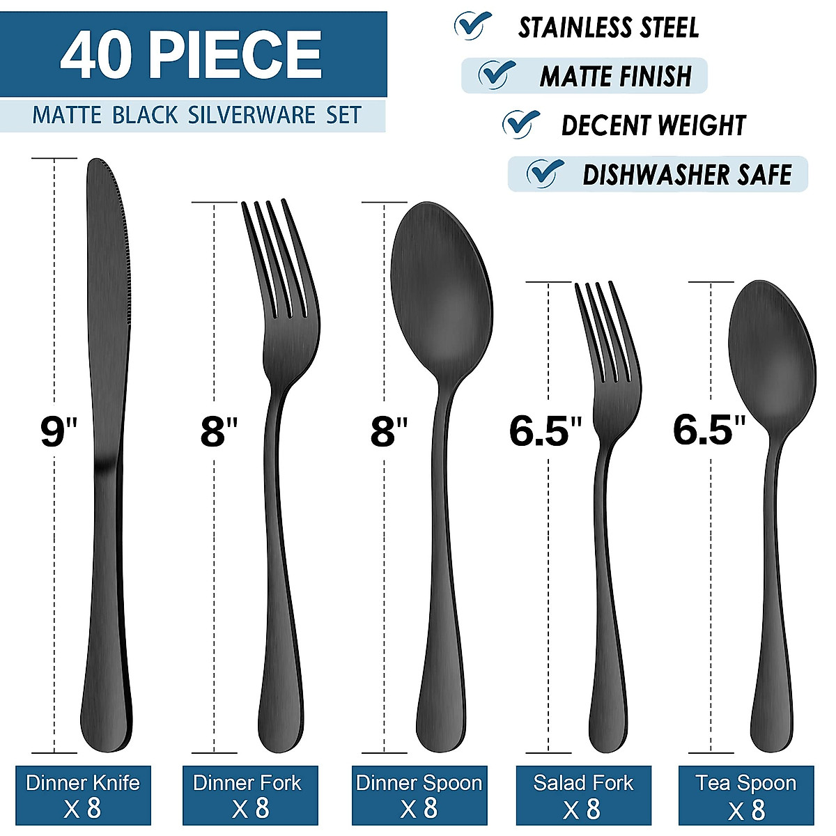 LIANYU 40 Piece Matte Black Silverware Set, Stainless Steel Black Flatware Cutlery Set for 8, Fancy Kitchen Utensil Tableware Set for Home Restaurant Party, Satin Finish, Dishwasher Safe