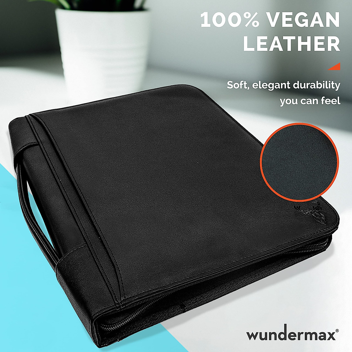 Wundermax Portfolio Binder - 13 x 10.7 x 1.9 Inch, Vegan Leather, 3-Ring Padfolio for Women and Men w/Handle, Zipper, Notepad, Detachable Binder and Pockets for Tablet, Resume and Documents - Black